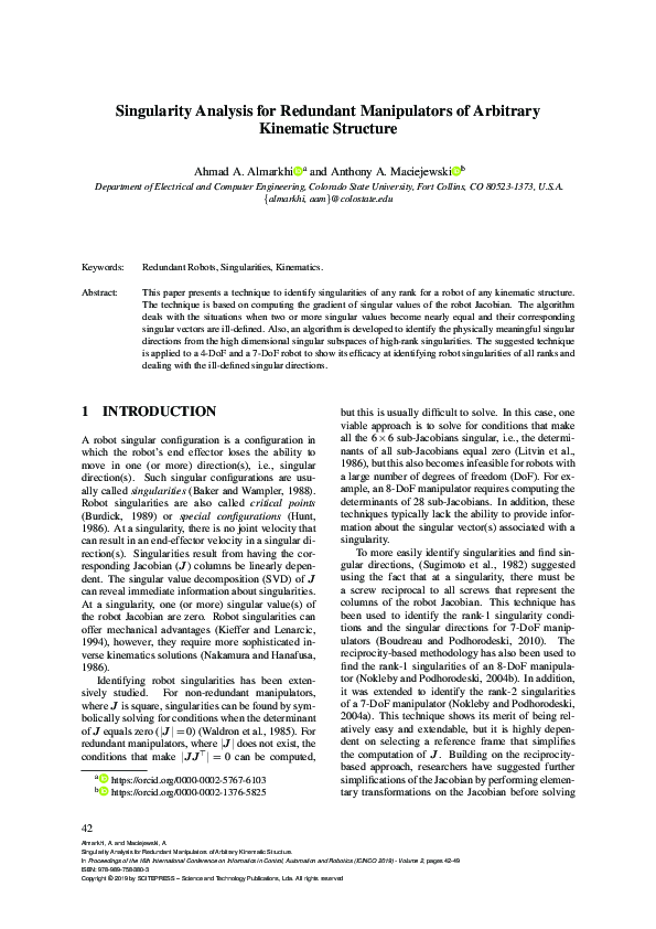 (PDF) Singularity Analysis for Redundant Manipulators of Arbitrary ...