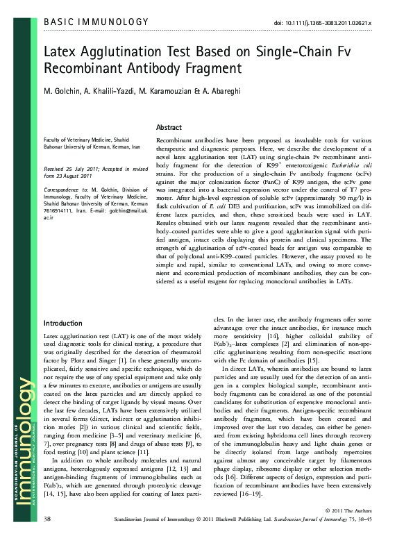 Pdf Latex Agglutination Test Based On Single‐chain Fv Recombinant Antibody Fragment Mehdi