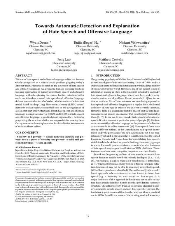 (PDF) Towards Automatic Detection and Explanation of Hate Speech and Offensive Language