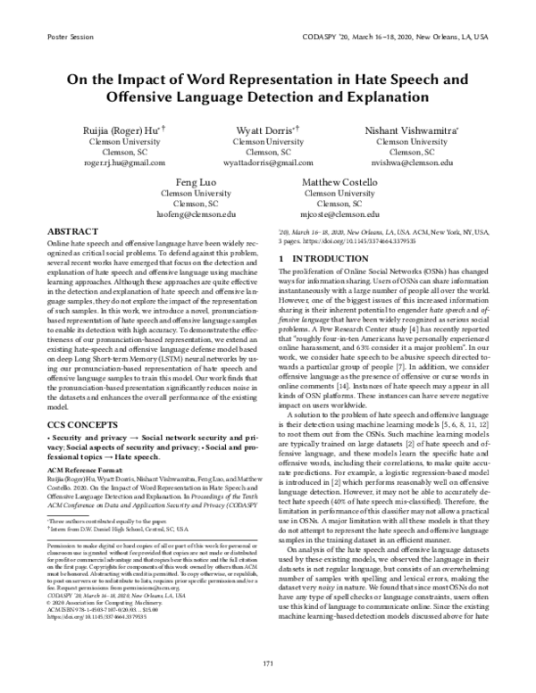 (PDF) On the Impact of Word Representation in Hate Speech and Offensive Language Detection and ...