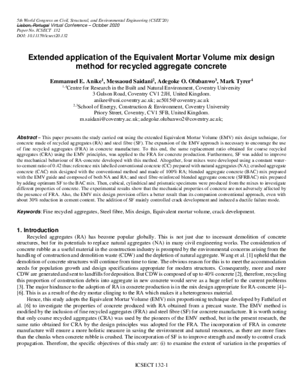(PDF) Extended application of the Equivalent Mortar Volume mix design method for recycled ...