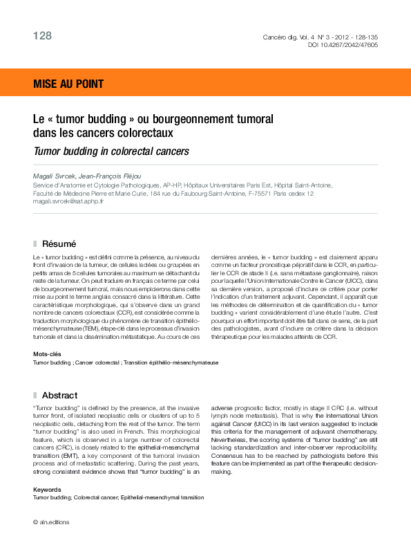 (PDF) Le « tumor budding » ou bourgeonnement tumoral dans les cancers ...