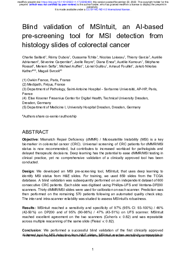 (PDF) Blind validation of MSIntuit, an AI-based pre-screening tool for ...