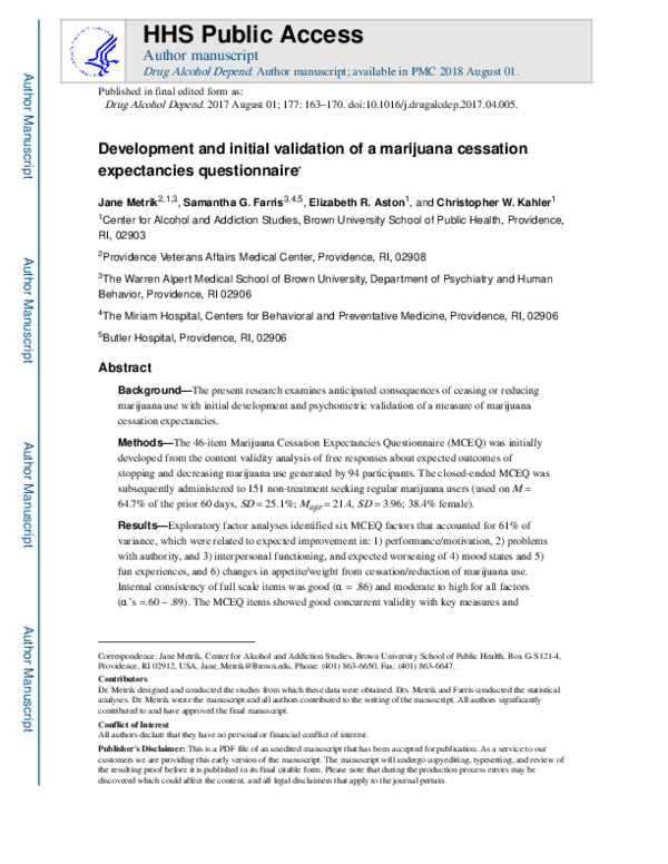 (PDF) Development and initial validation of a marijuana cessation expectancies questionnaire