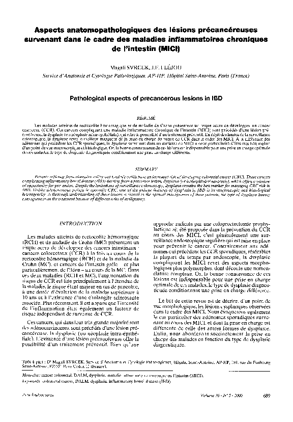 (PDF) Aspects anatomopathologiques des lésions précancéreuses survenant ...