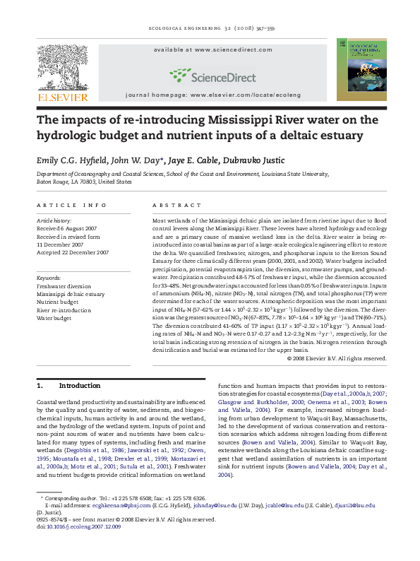 (PDF) The impacts of re-introducing Mississippi River water on the ...