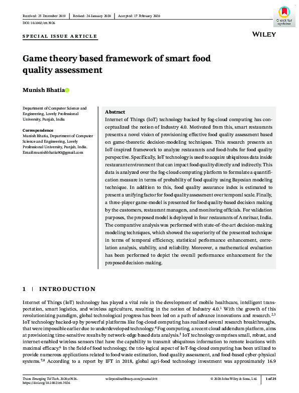 (PDF) Game theory based framework of smart food quality assessment ...