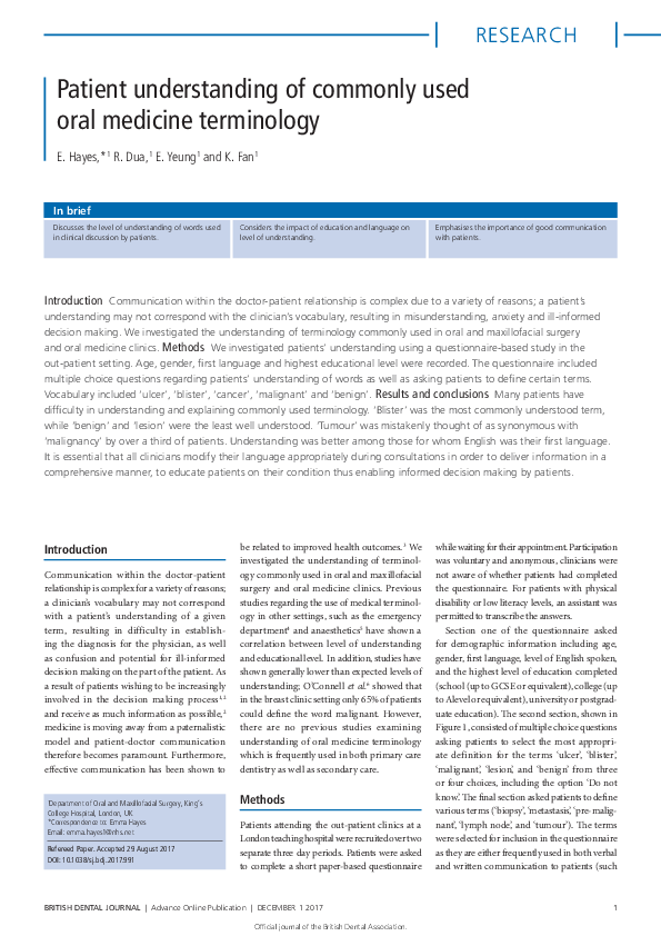 (PDF) Patient understanding of commonly used oral medicine terminology