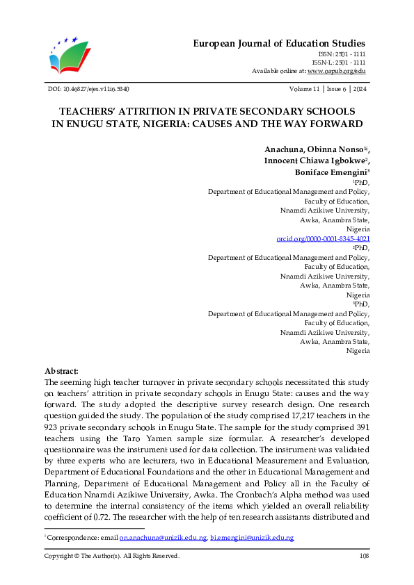 (PDF) Teachers’ Attrition in Private Secondary Schools in Enugu State: causes and the way forward.
