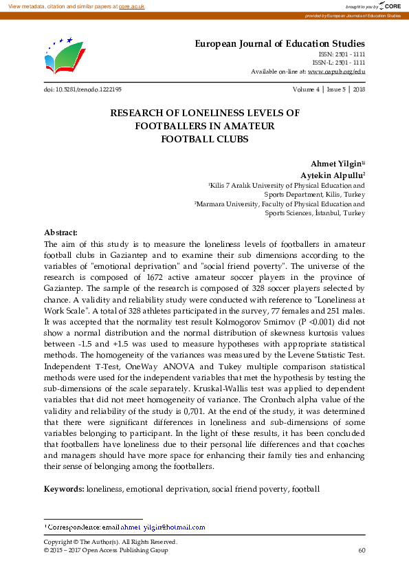 (PDF) Research of Loneliness Levels of Footballers in Amateur Football ...