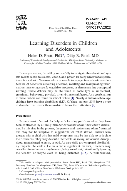 (PDF) Learning Disorders in Children and Adolescents