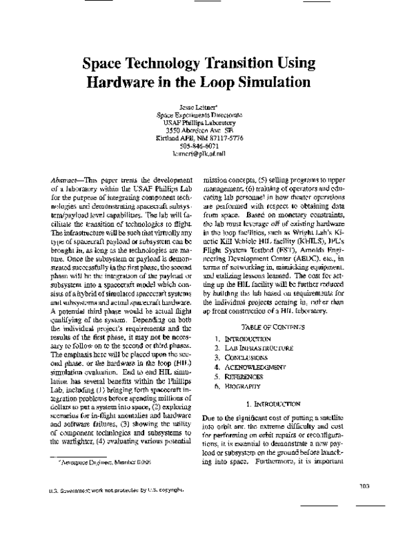 (PDF) Space technology transition using hardware in the loop simulation