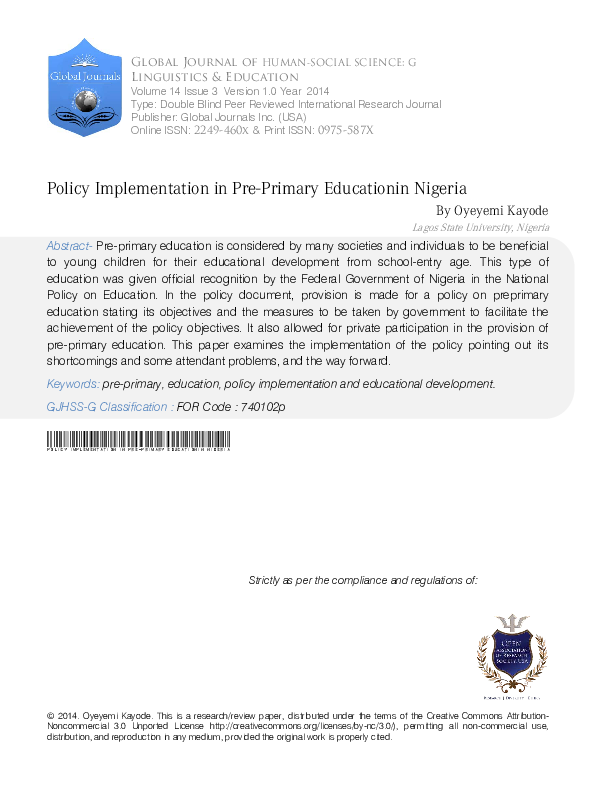 (PDF) Policy Implementation in Pre-Primary Education in Nigeria