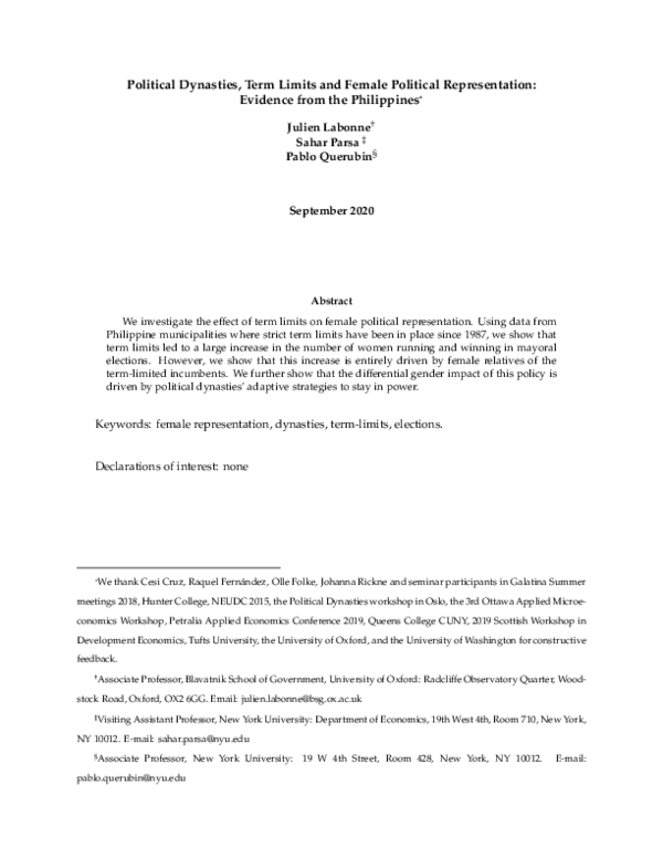 (PDF) Political dynasties, term limits and female political ...