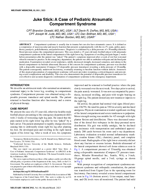 (PDF) Juke Stick: A Case of Pediatric Atraumatic Compartment Syndrome