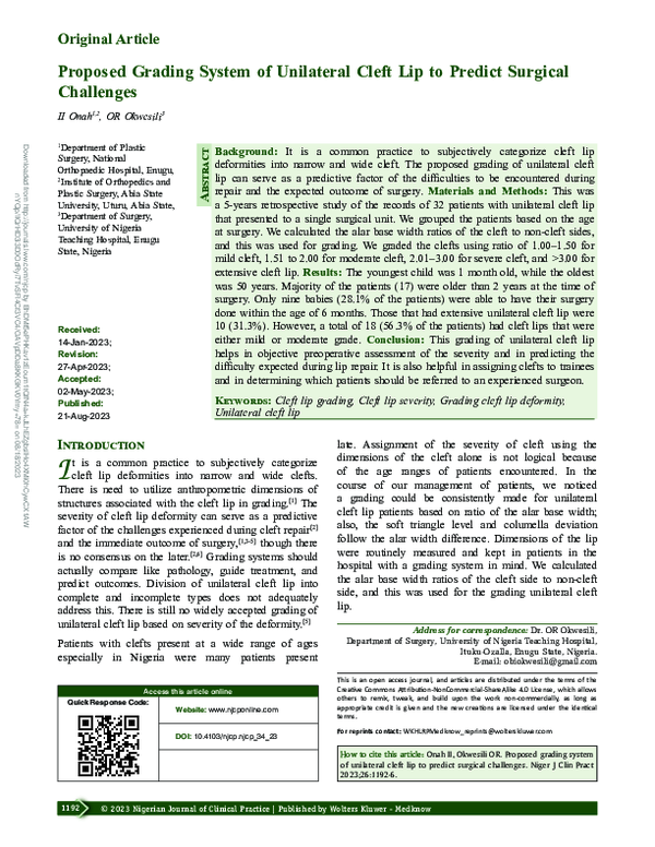 (PDF) Proposed Grading System of Unilateral Cleft Lip to Predict ...
