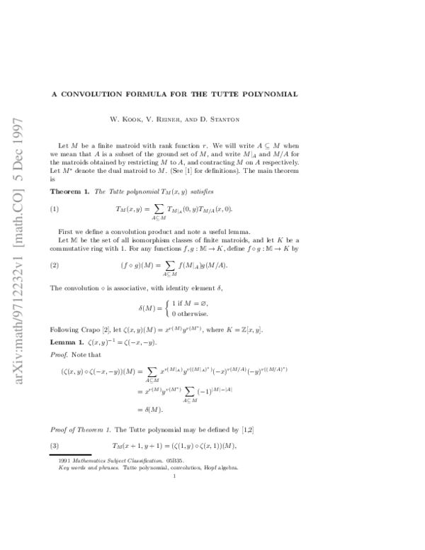 (PDF) A convolution formula for the Tutte polynomial | Dennis Stanton - Academia.edu