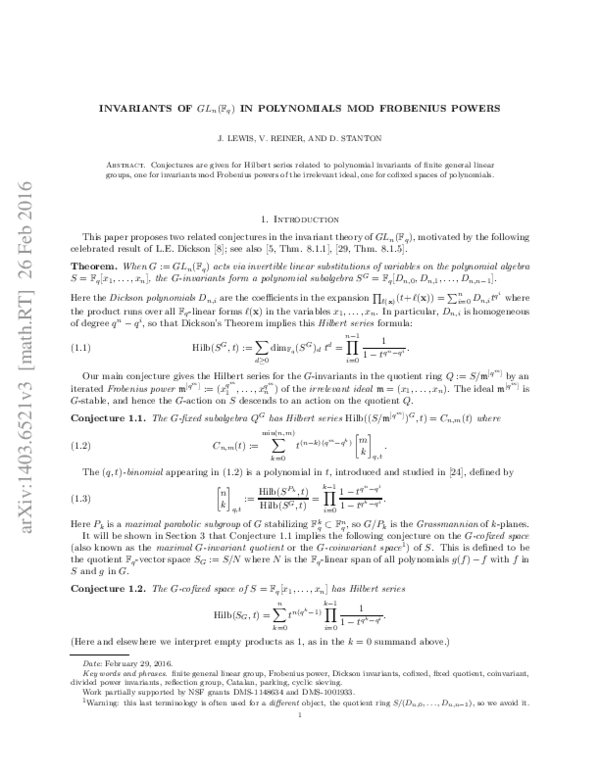 (PDF) Invariants of GLn(𝔽q) in polynomials modulo Frobenius powers