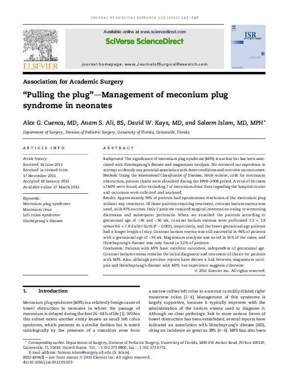 (PDF) “Pulling the plug”—Management of meconium plug syndrome in neonates