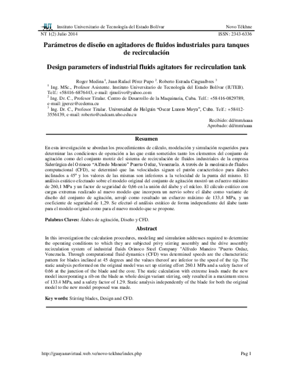 (PDF) Parámetros de diseño en agitadores de fluidos industriales para tanques de recirculación ...