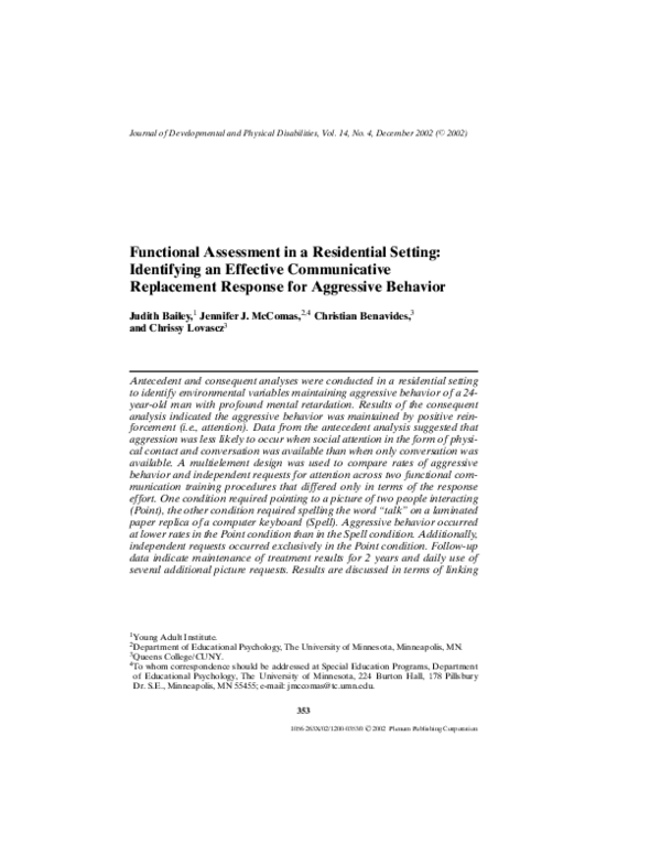 (PDF) Functional Assessment in a Residential Setting: Identifying an Effective Communicative ...