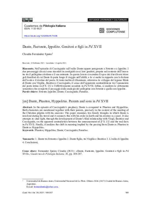 (PDF) Dante, Faetonte, Ippolito. Genitori e figli in Pd XVII