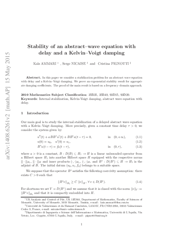 (PDF) Stability of an abstract-wave equation with delay and a Kelvin-Voigt damping | Kaïs Ammari ...