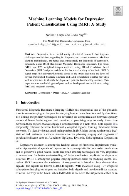 (PDF) Machine Learning Models for Depression Patient Classification Using fMRI: A Study