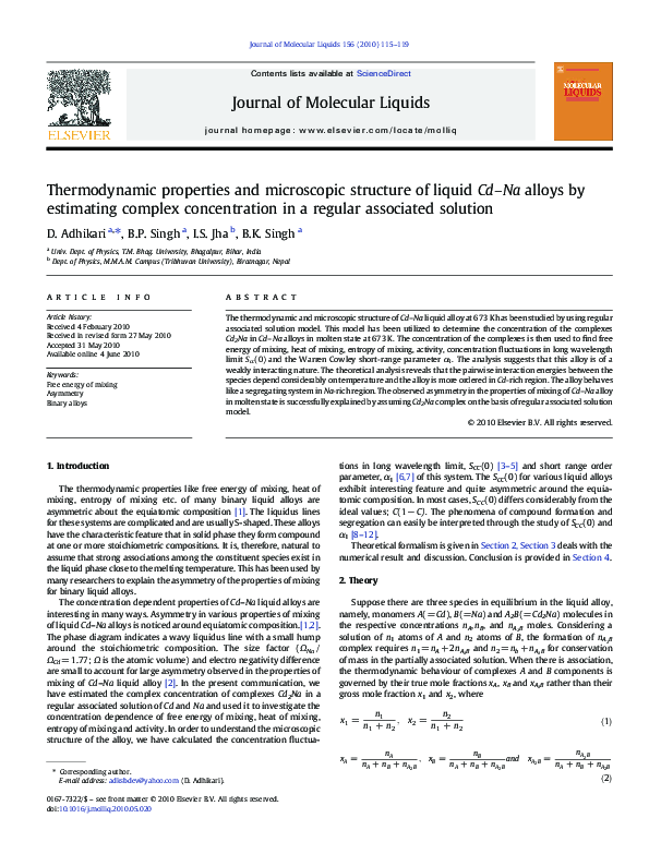 (PDF) Thermodynamics of Liquid Cd-Na Alloys: Complex Concentration Study