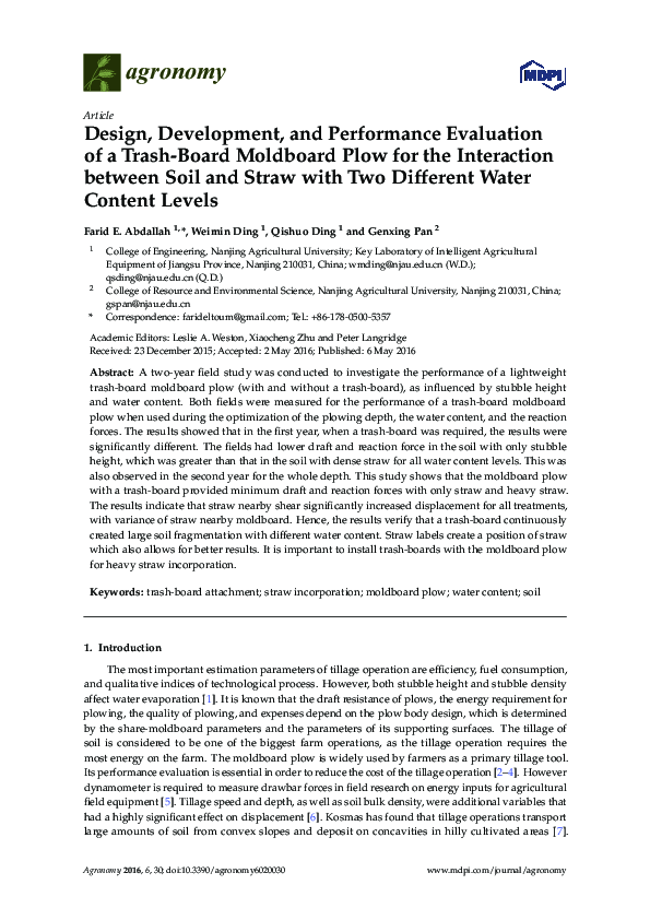 (PDF) Design, Development, and Performance Evaluation of a Trash-Board Moldboard Plow for the ...