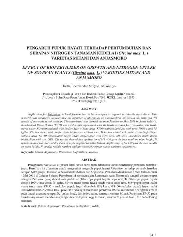 (PDF) SERAPAN NITROGEN TANAMAN KEDELAI ( Glycine max . L . ) VARIETAS ...