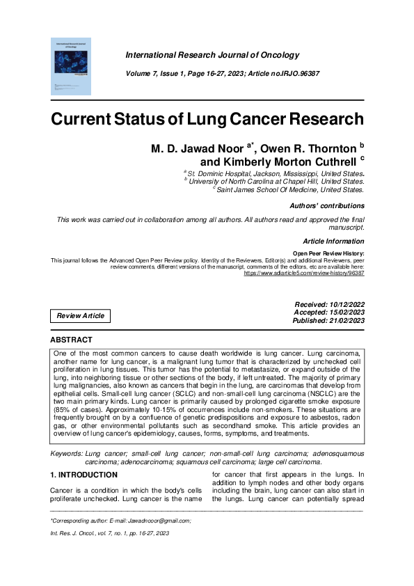 (PDF) Current Status of Lung Cancer Research