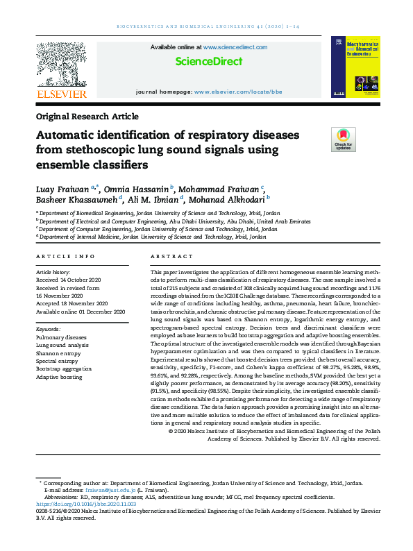 (PDF) Automatic identification of respiratory diseases from stethoscopic lung sound signals ...