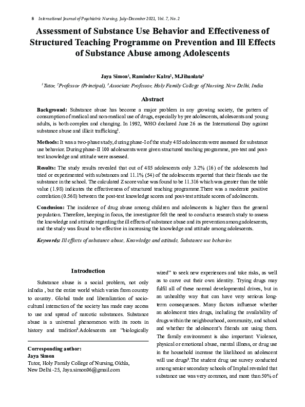 (PDF) Assessment of Substance Use Behavior and Effectiveness of ...