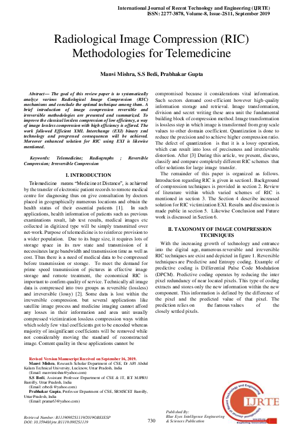 (PDF) Radiological Image Compression (RIC) Methodologies for Telemedicine