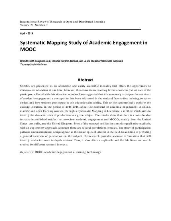 (PDF) Systematic Mapping Study of Academic Engagement in MOOC