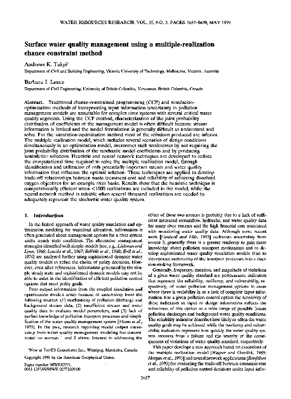 (PDF) Surface water quality management using a multiple‐realization chance constraint method