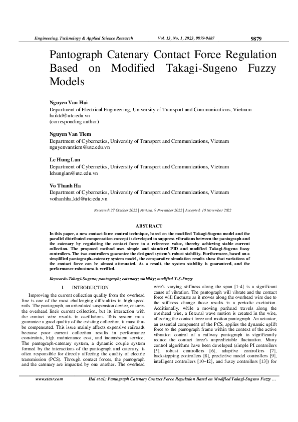 (PDF) Pantograph Catenary Contact Force Regulation Based on Modified Takagi-Sugeno Fuzzy Models ...