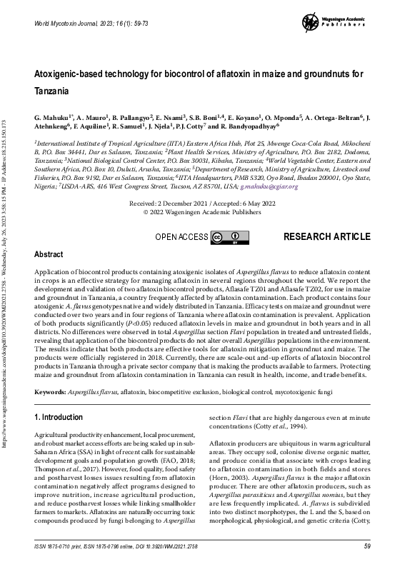 (PDF) Atoxigenic-based technology for biocontrol of aflatoxin in maize ...