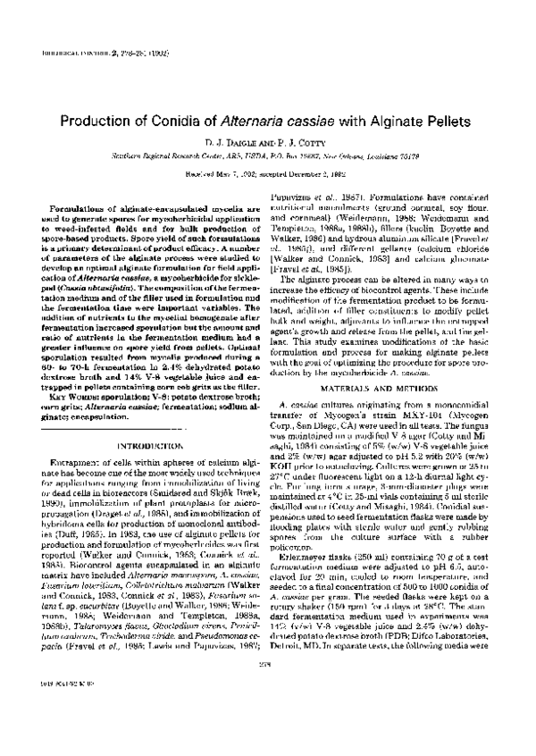 (PDF) Production of conidia of Alternaria cassiae with alginate pellets