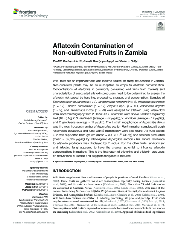 (PDF) Aflatoxin Contamination of Non-cultivated Fruits in Zambia