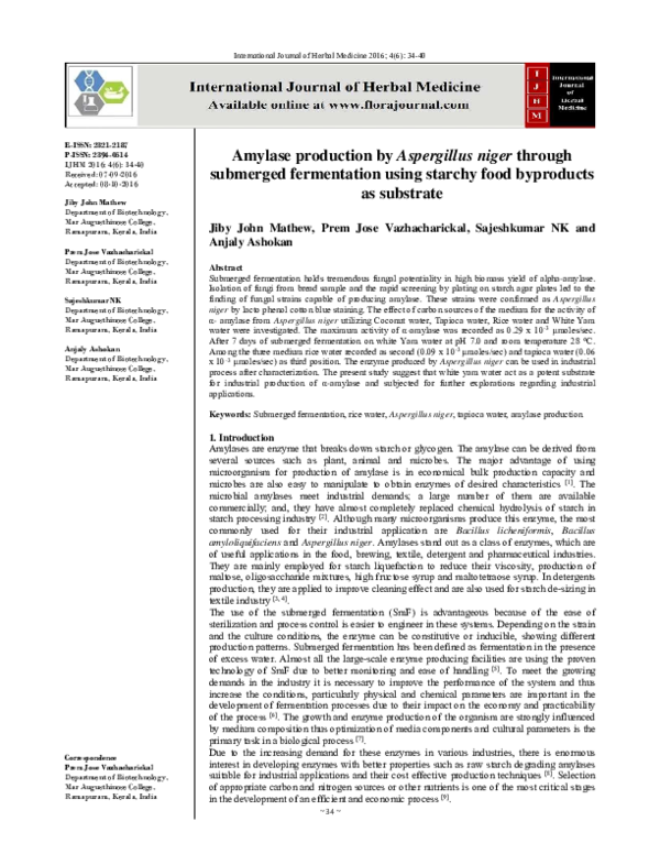 (PDF) Amylase production by Aspergillus niger through submerged fermentation using starchy food ...