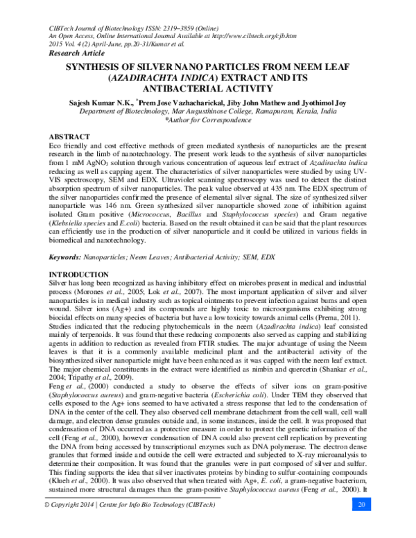 (PDF) Synthesis of Silver Nano Particles from Neem Leaf ( Azadirachta Indica ) Extract and Its ...