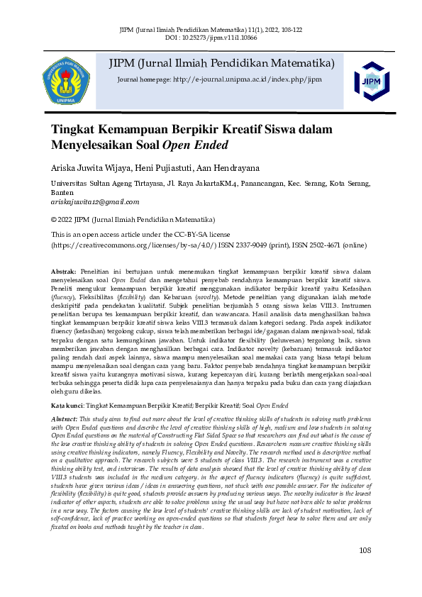 (PDF) Tingkat Kemampuan Berpikir Kreatif Siswa dalam Menyelesaikan Soal Open Ended