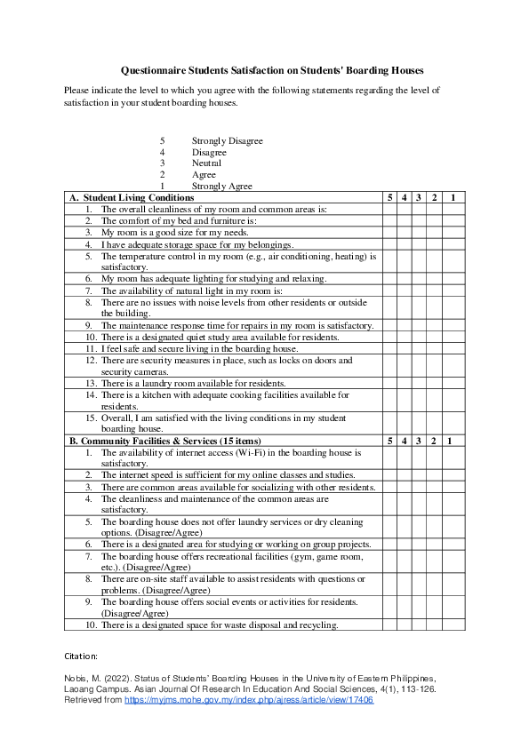 (PDF) Qustionnaire on Students Satisfaction on Boarding Houses