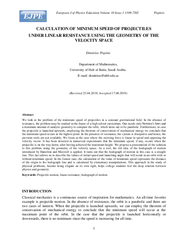(PDF) Calculation of Minimum Speed of Projectiles Under Linear ...