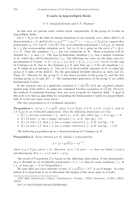 (PDF) S-units in hyperelliptic fields
