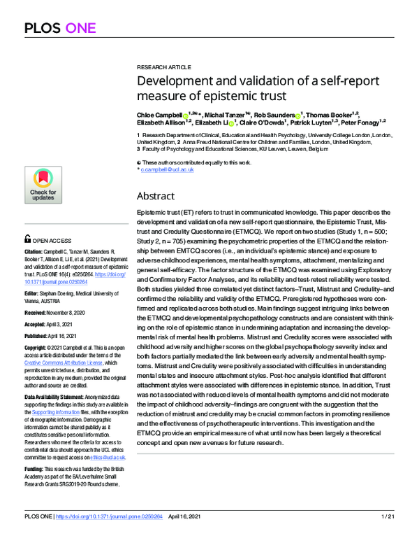 (PDF) Development and validation of a self-report measure of epistemic trust