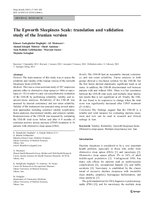 (PDF) The Epworth Sleepiness Scale: translation and validation study of ...