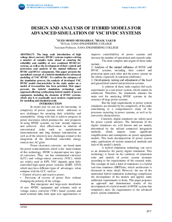 (PDF) Design and Analysis of Hybrid Models for Advanced Simulation of VSC HVDC Systems